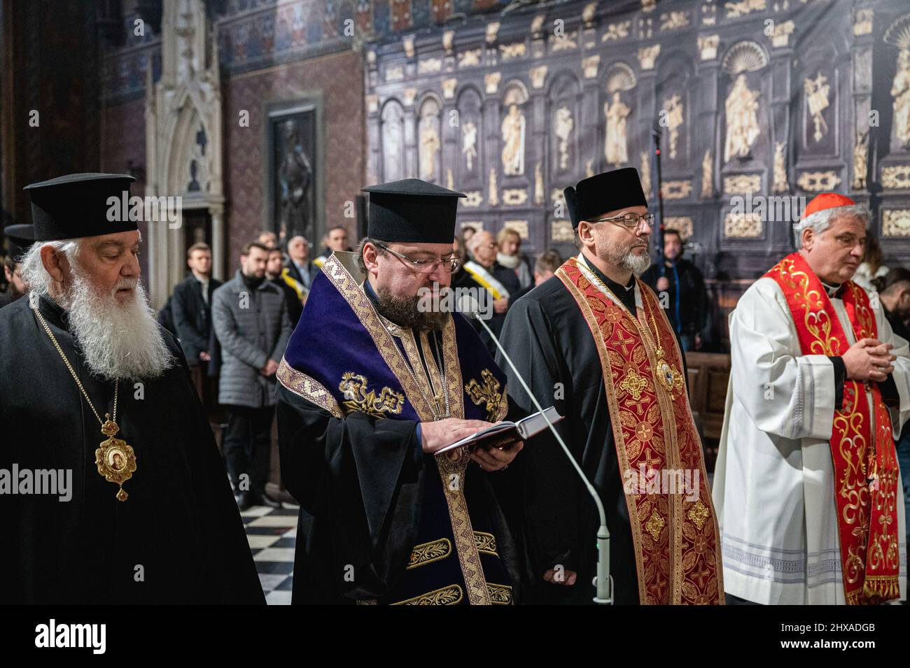 Lviv, Ukraine. 10th Mar, 2022. Cardinal Konrad Krajewsk (R), Sviatoslav ...