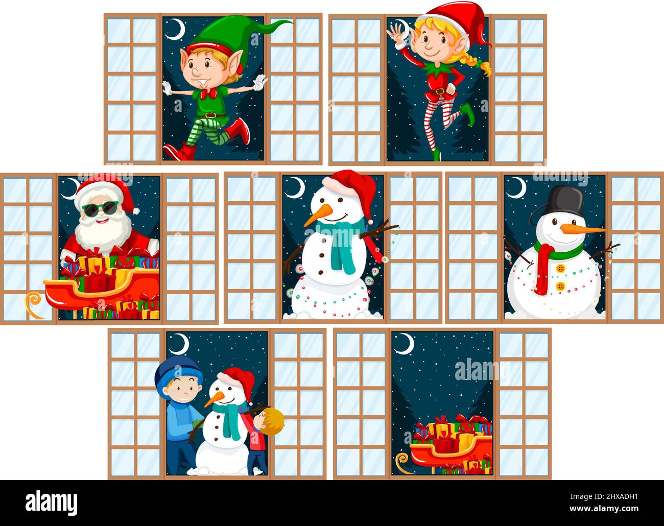 Christmas theme elf, Santa,snowman and family at the door illustration ...
