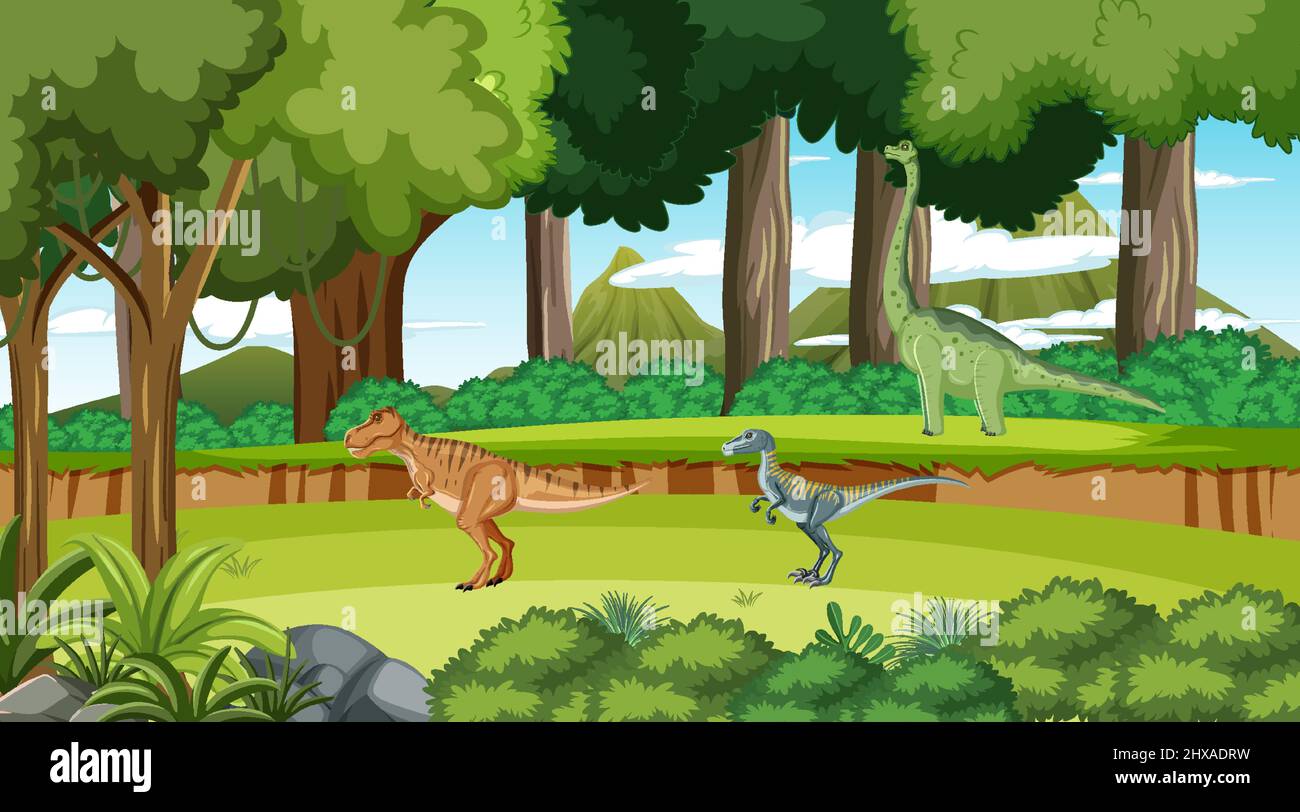 Dinosaur in prehistoric forest scene illustration Stock Vector Image ...
