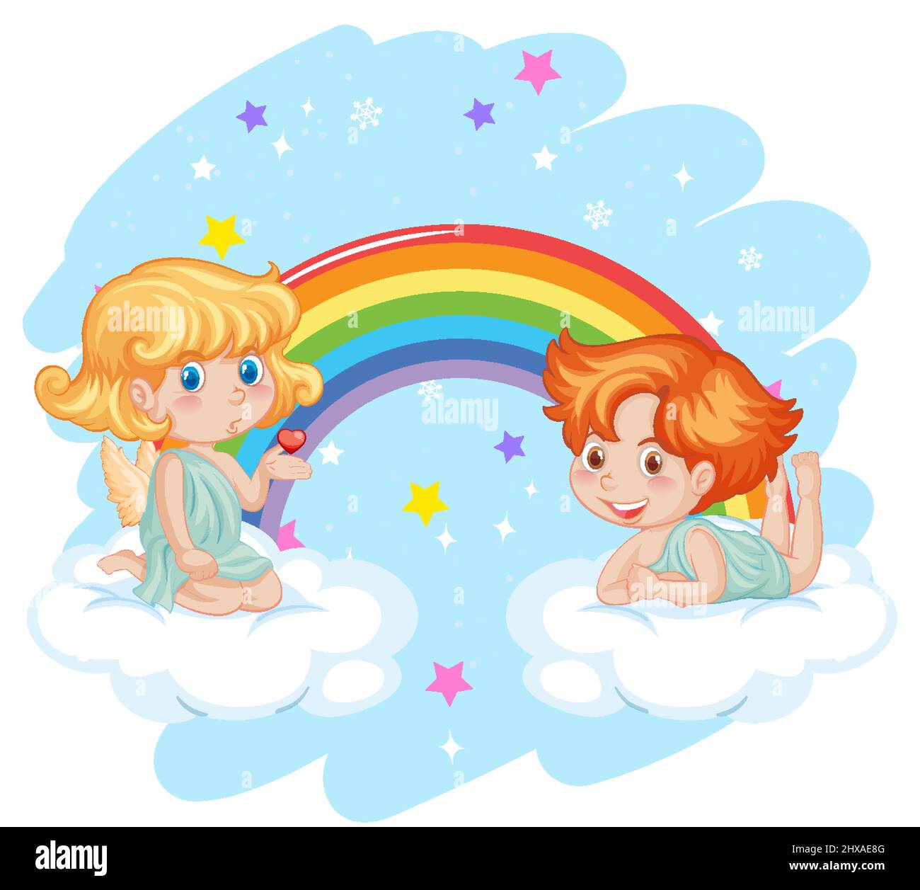 Angel boy and girl with rainbow in the sky illustration Stock Vector ...