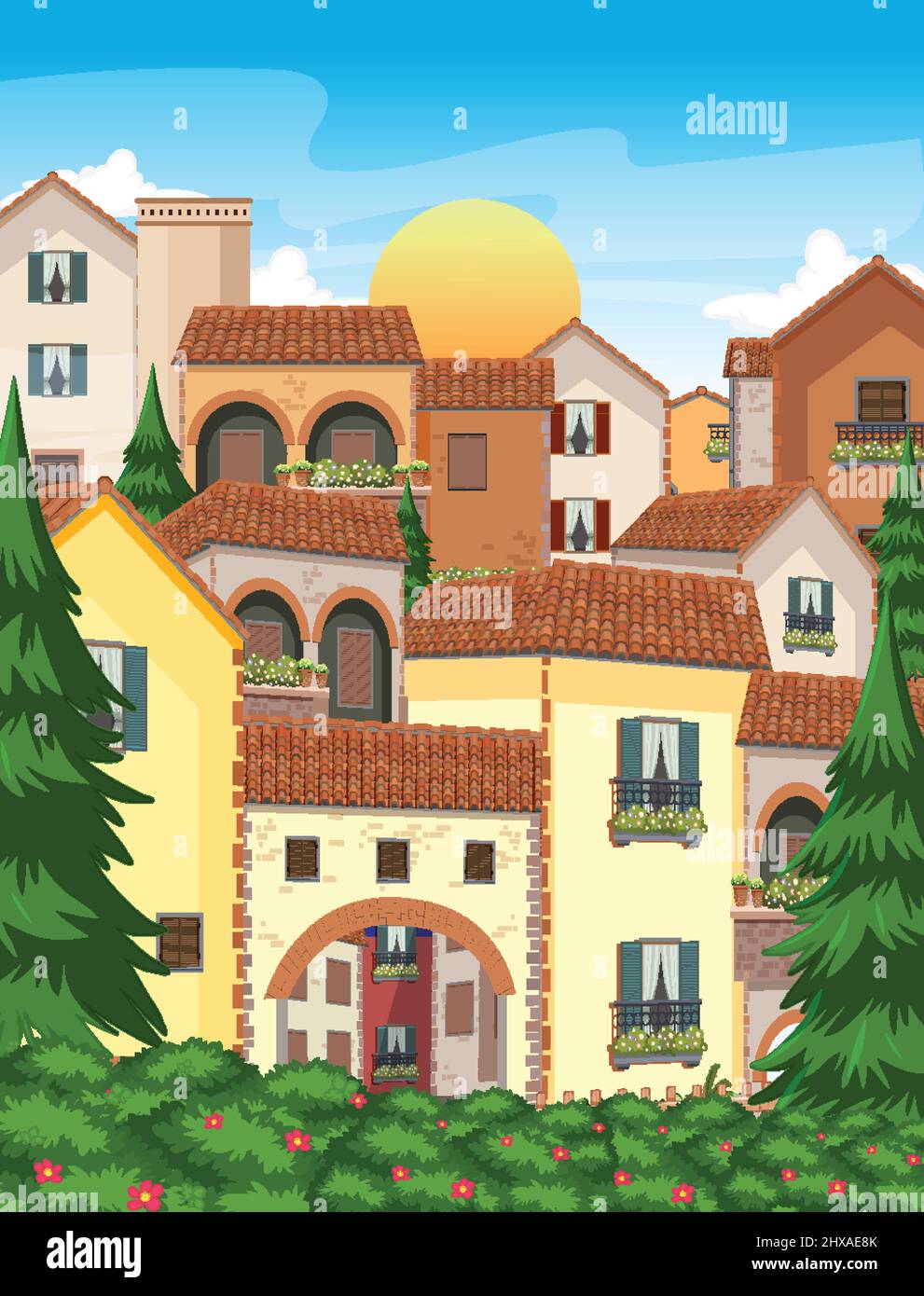 Italy town style house and building landscape illustration Stock Vector ...
