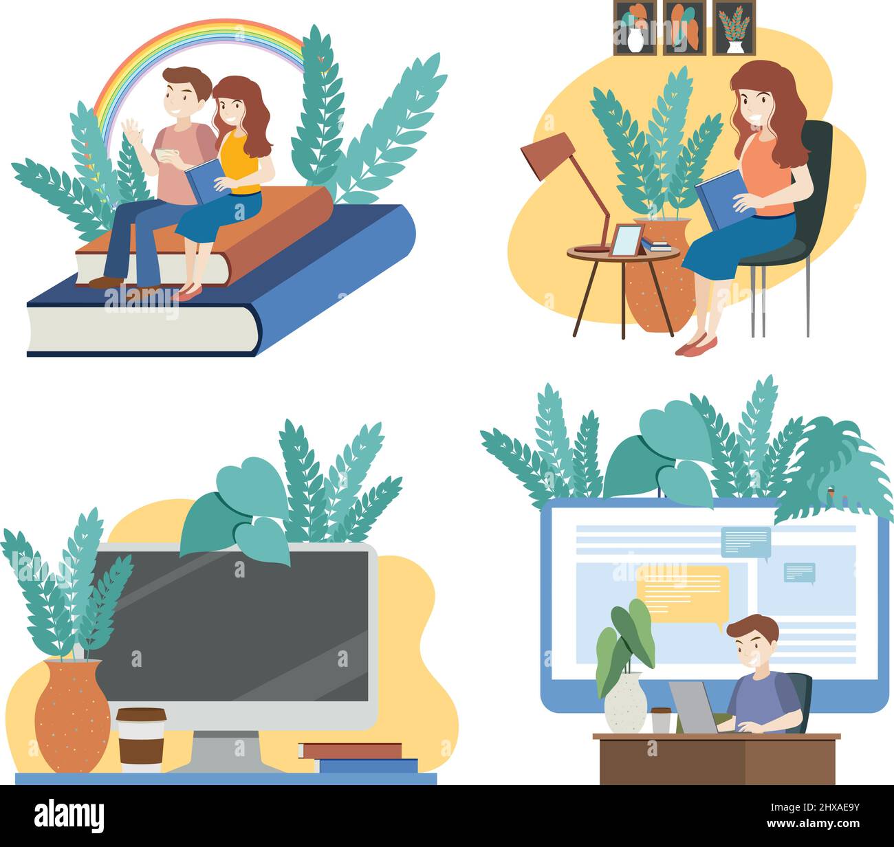 Four scenes of people working at home illustration Stock Vector Image ...