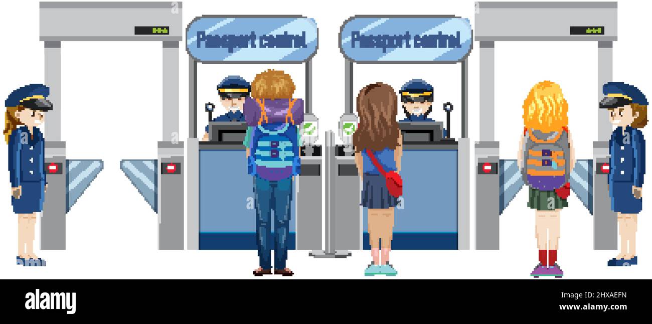 Passengers walking through passport control illustration Stock Vector ...