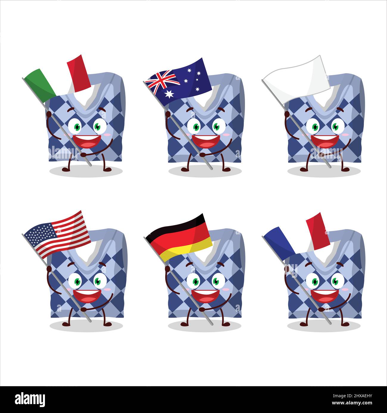 Blue school vest cartoon character bring the flags of various countries ...