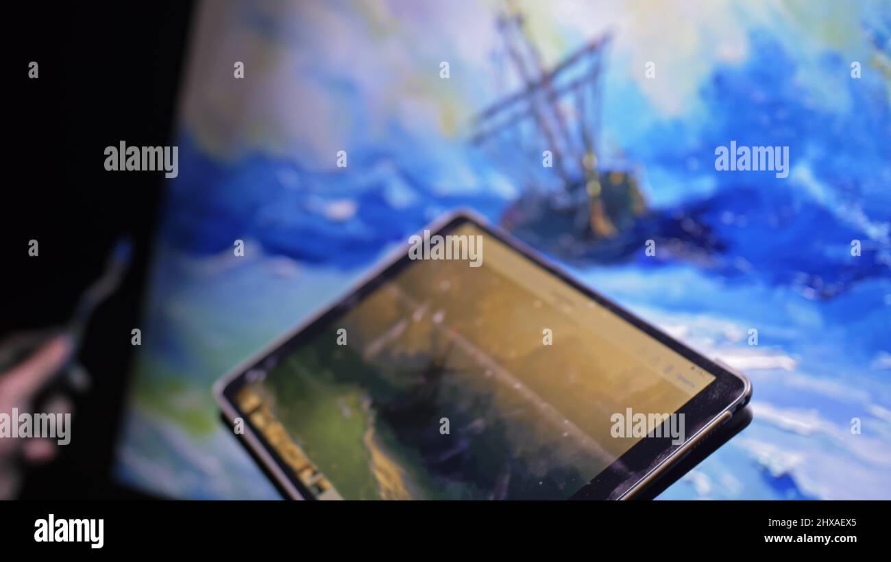 Artist copyist paint seascape with ship in ocean. Craftsman decorator ...