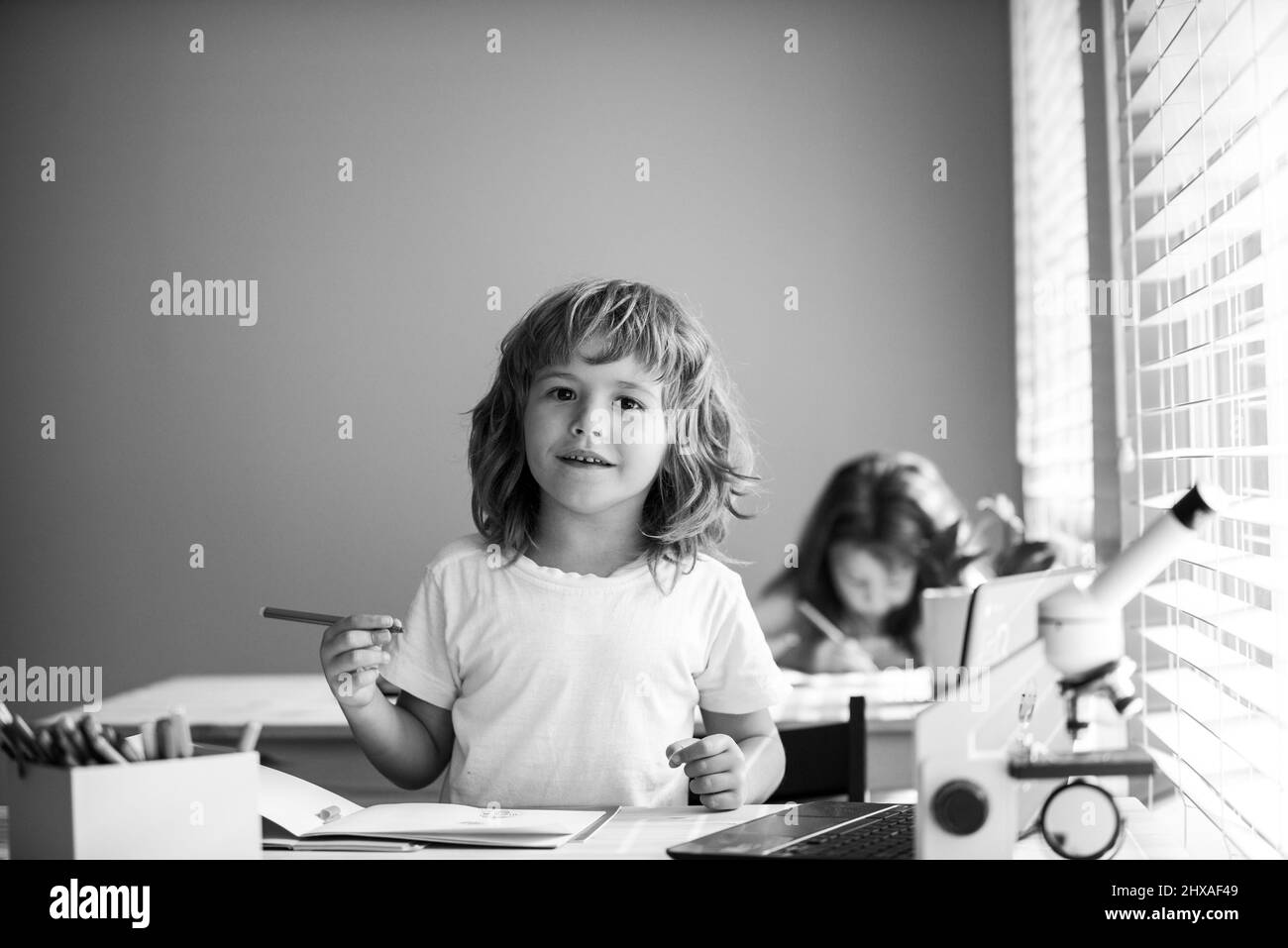 Cute pupil writing at desk in classroom at the elementary school ...