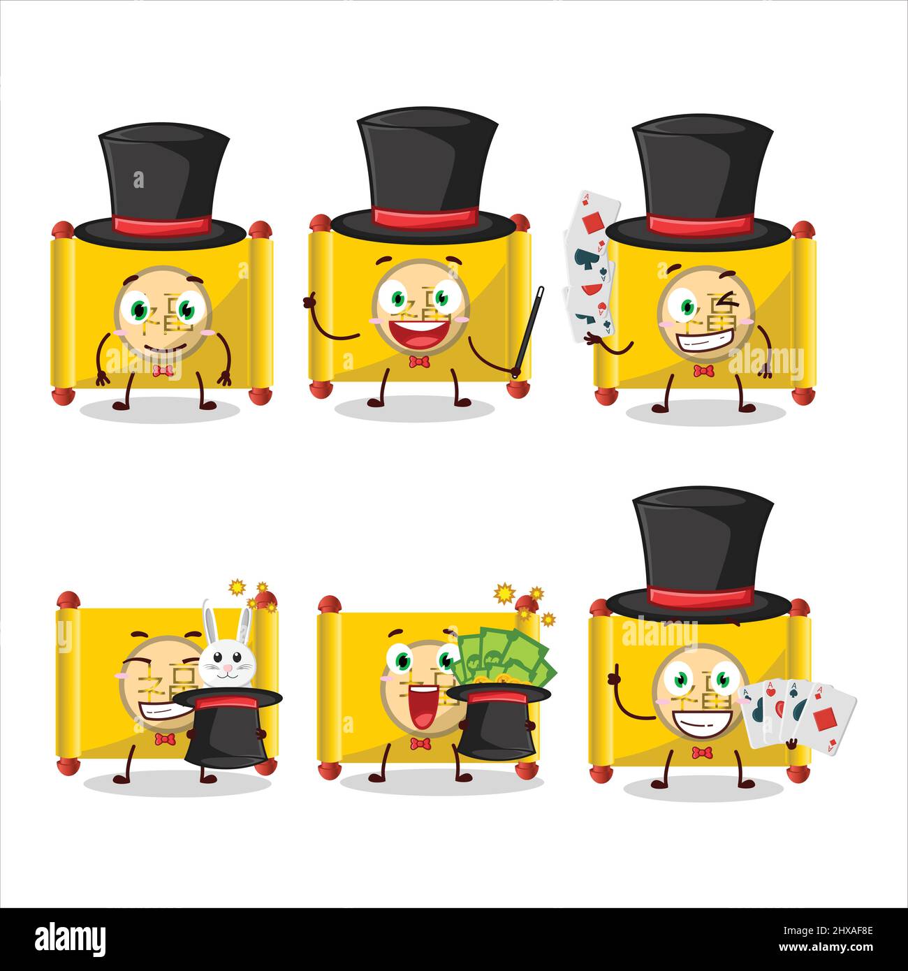 A yellow paper roll chinese Magician cartoon character perform on a ...