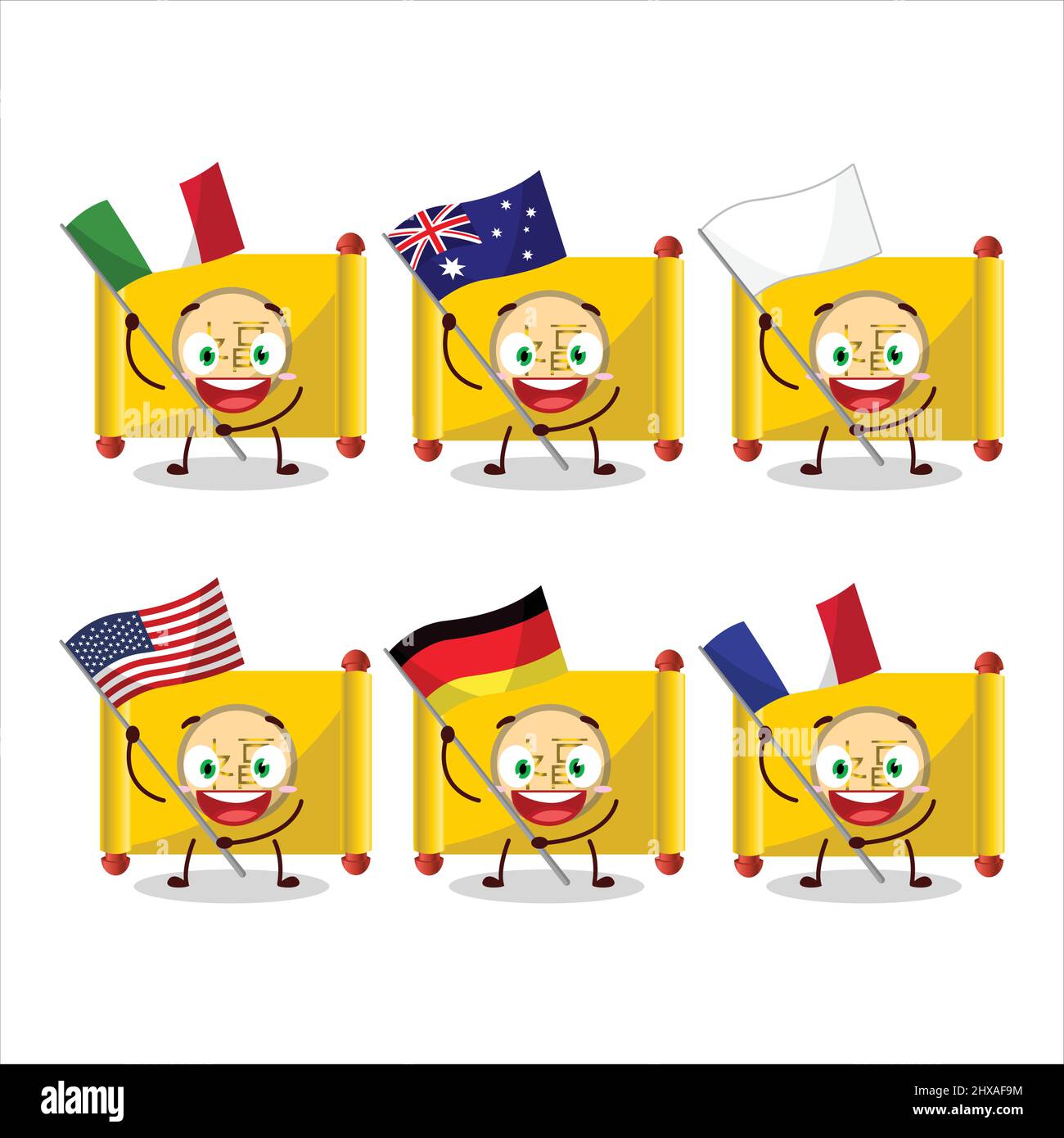 Yellow Paper Roll Chinese Cartoon Character Bring The Flags Of Various