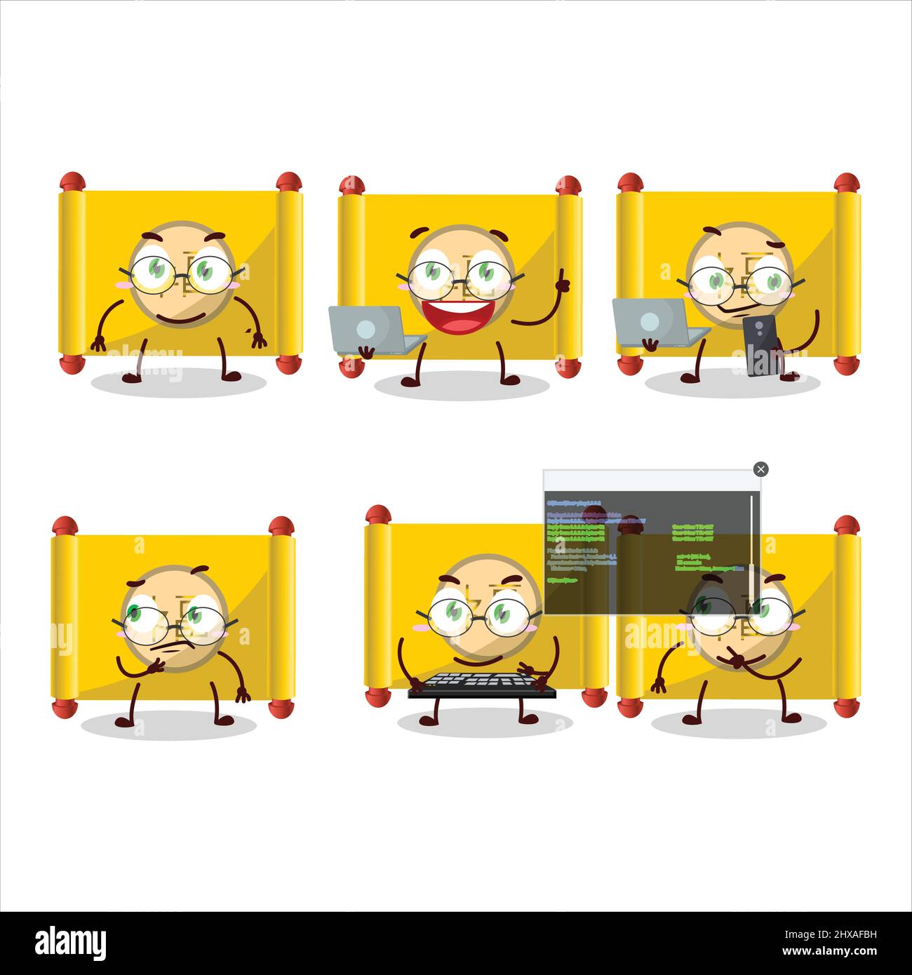 Yellow paper roll chinese Programmer cute cartoon character with ...
