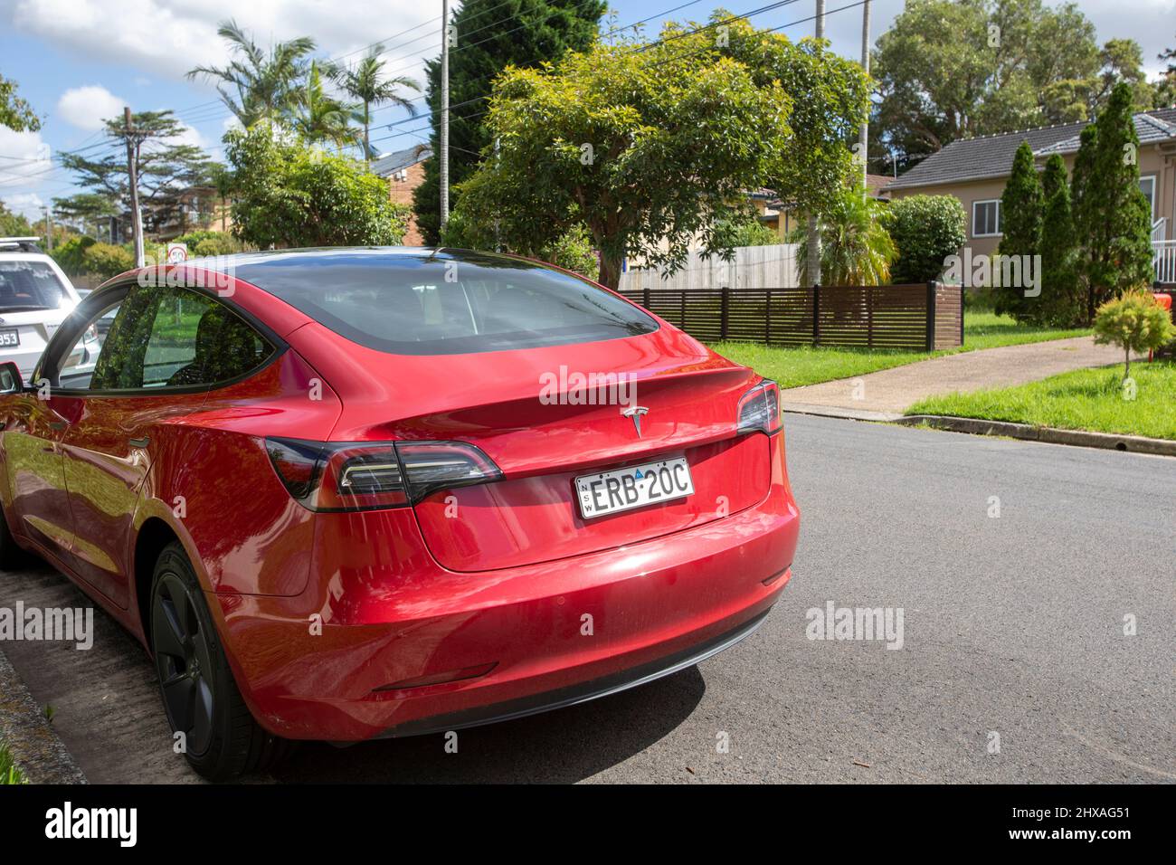 2022 red Tesla Model 3 car parked in a Sydney street, NSW,Australia ...