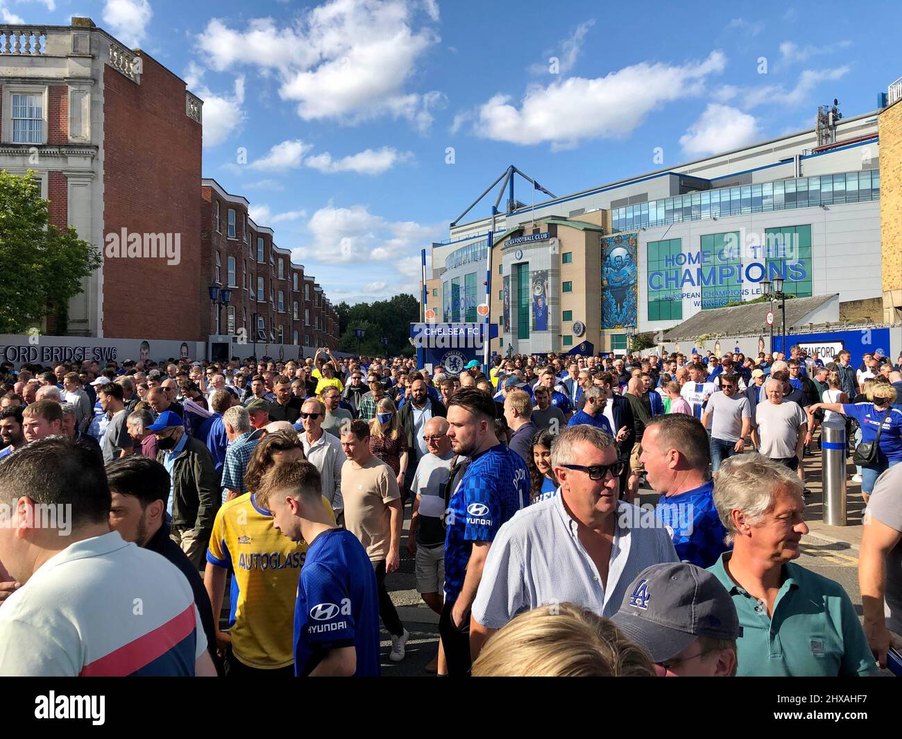 Fulham, London, UK14th August, 2021 Fans leaving Stamford Bridge, the ...