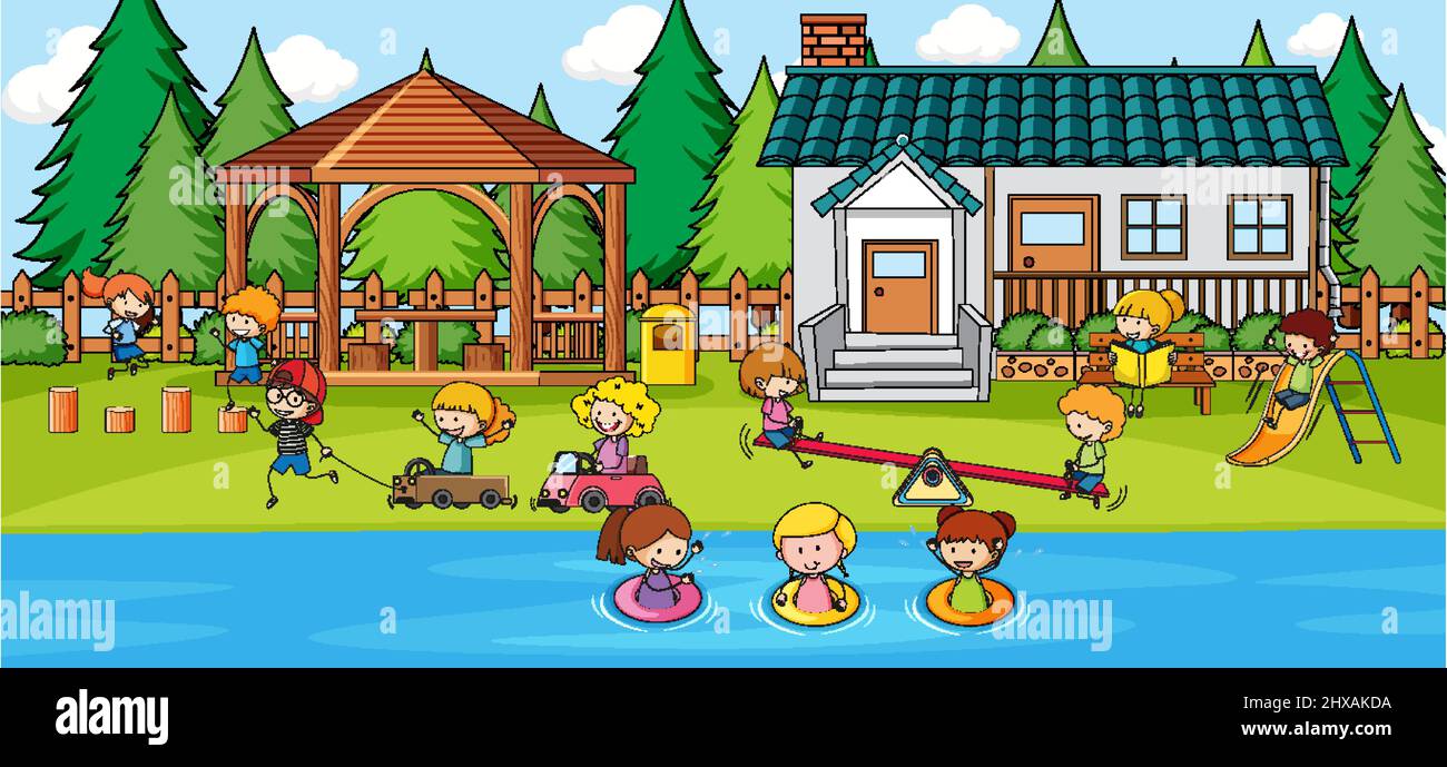 Outdoor scene with doodle house cartoon illustration Stock Vector Image ...
