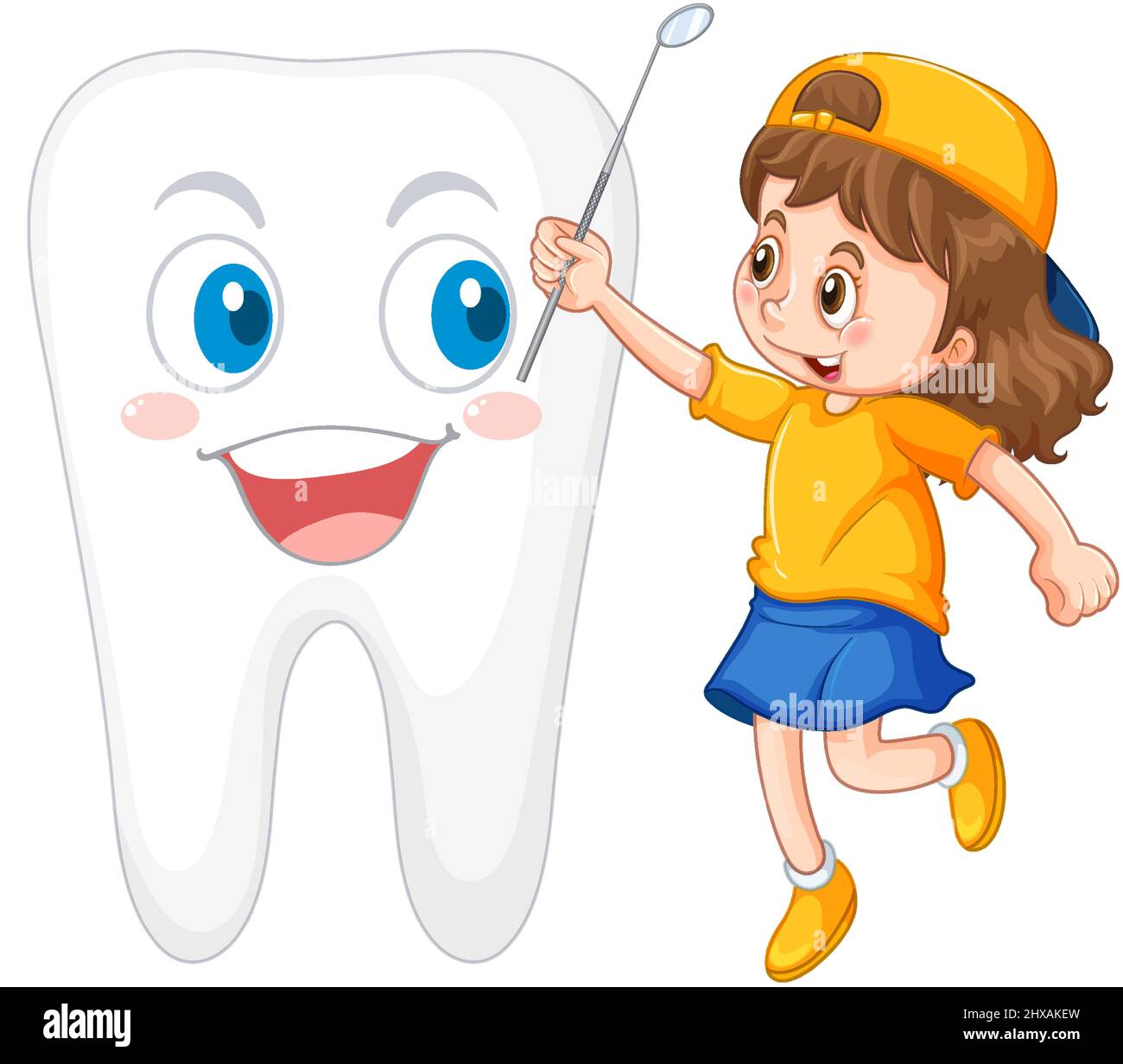 A little girl checking tooth with a dental mirror on white background ...