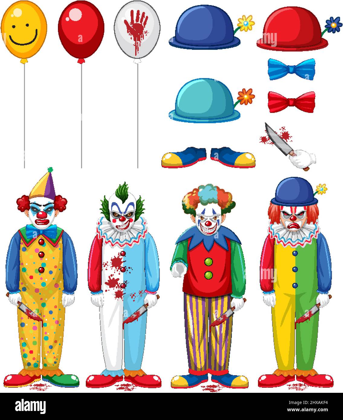 Set of creepy clown characters and elements illustration Stock Vector ...