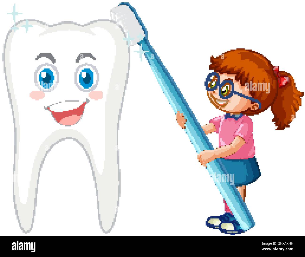 Happy kids brushing a big tooth with a toothbrush on white background ...