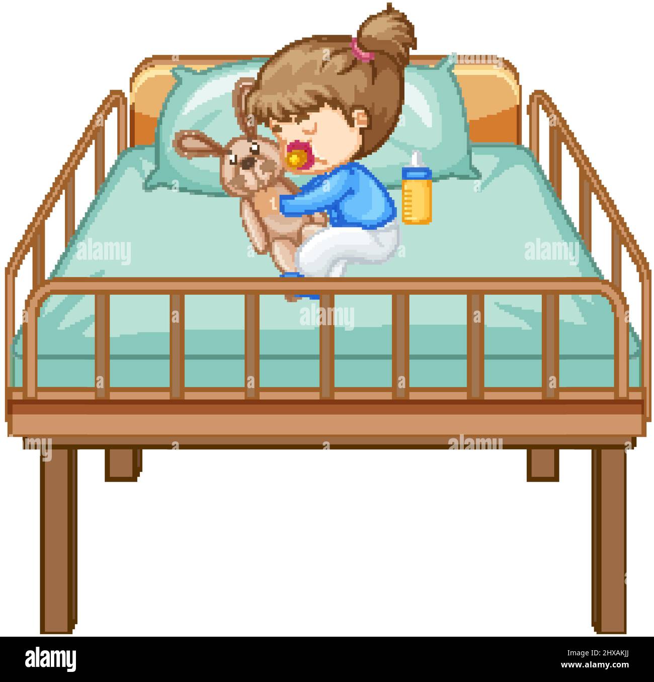 A sleeping girl on the bed with rabbit doll illustration Stock Vector ...