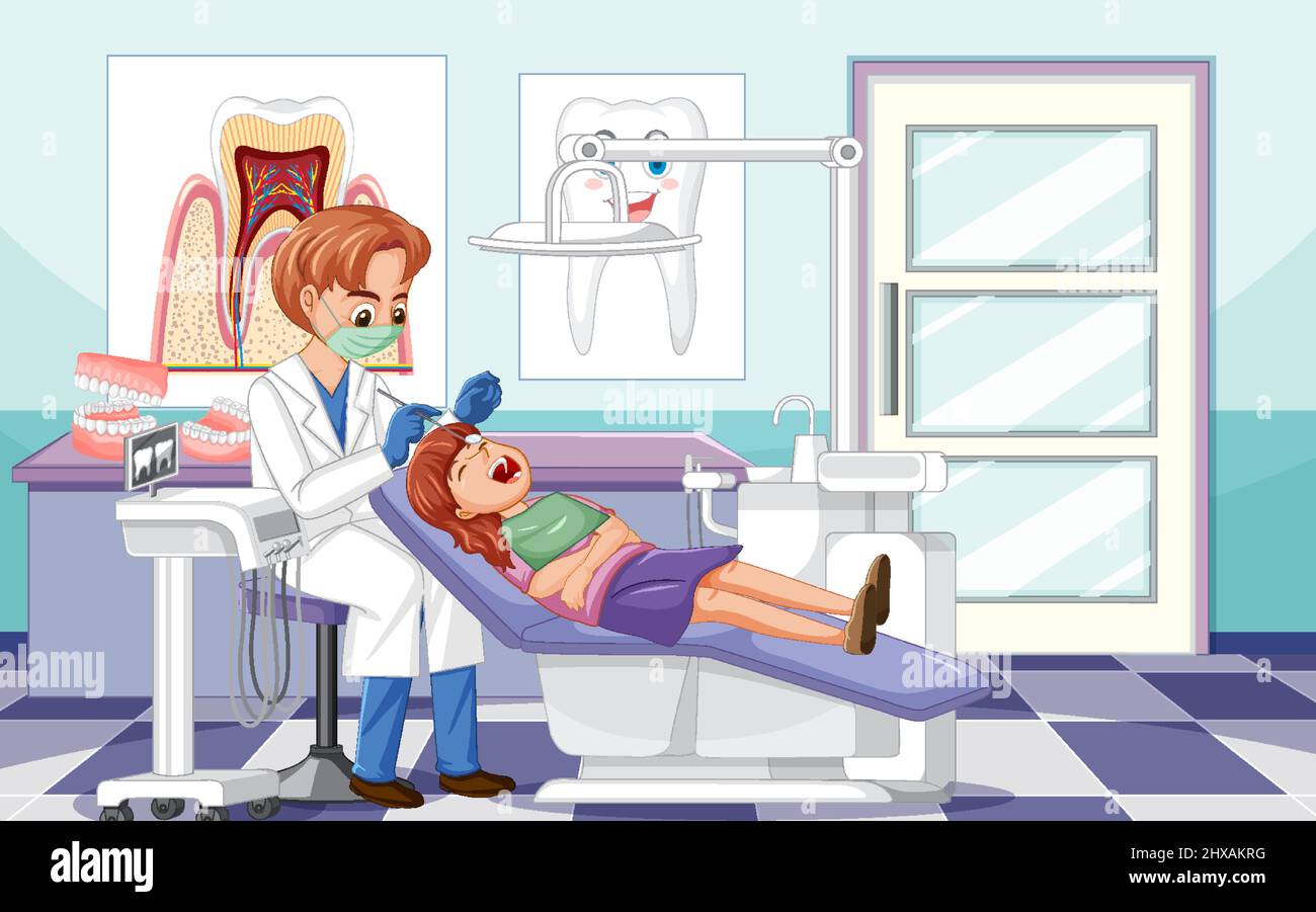 Dentist man examining patient teeth in clinic illustration Stock Vector ...