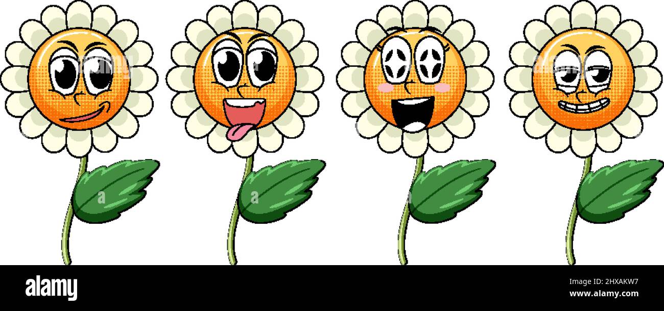 Set of facial expression vintage style sunflower cartoon on white ...