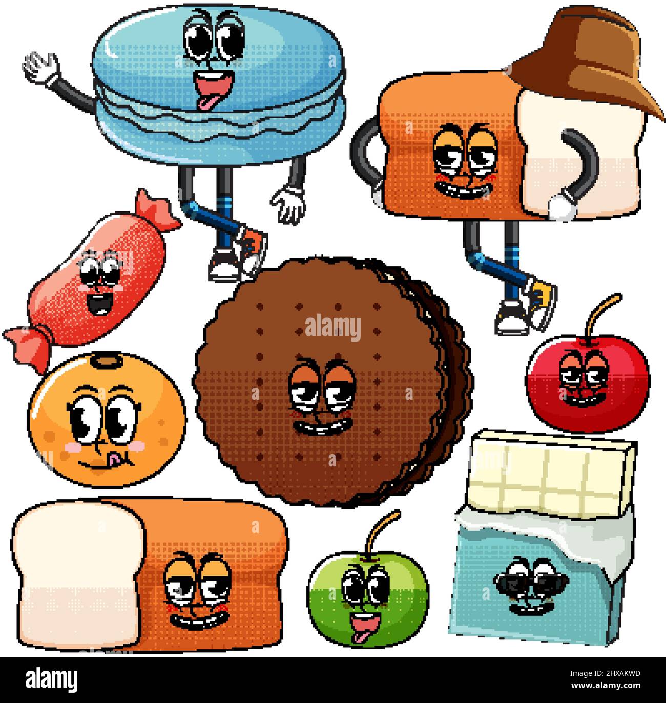 Set of facial expression with vintage style food cartoon on white ...