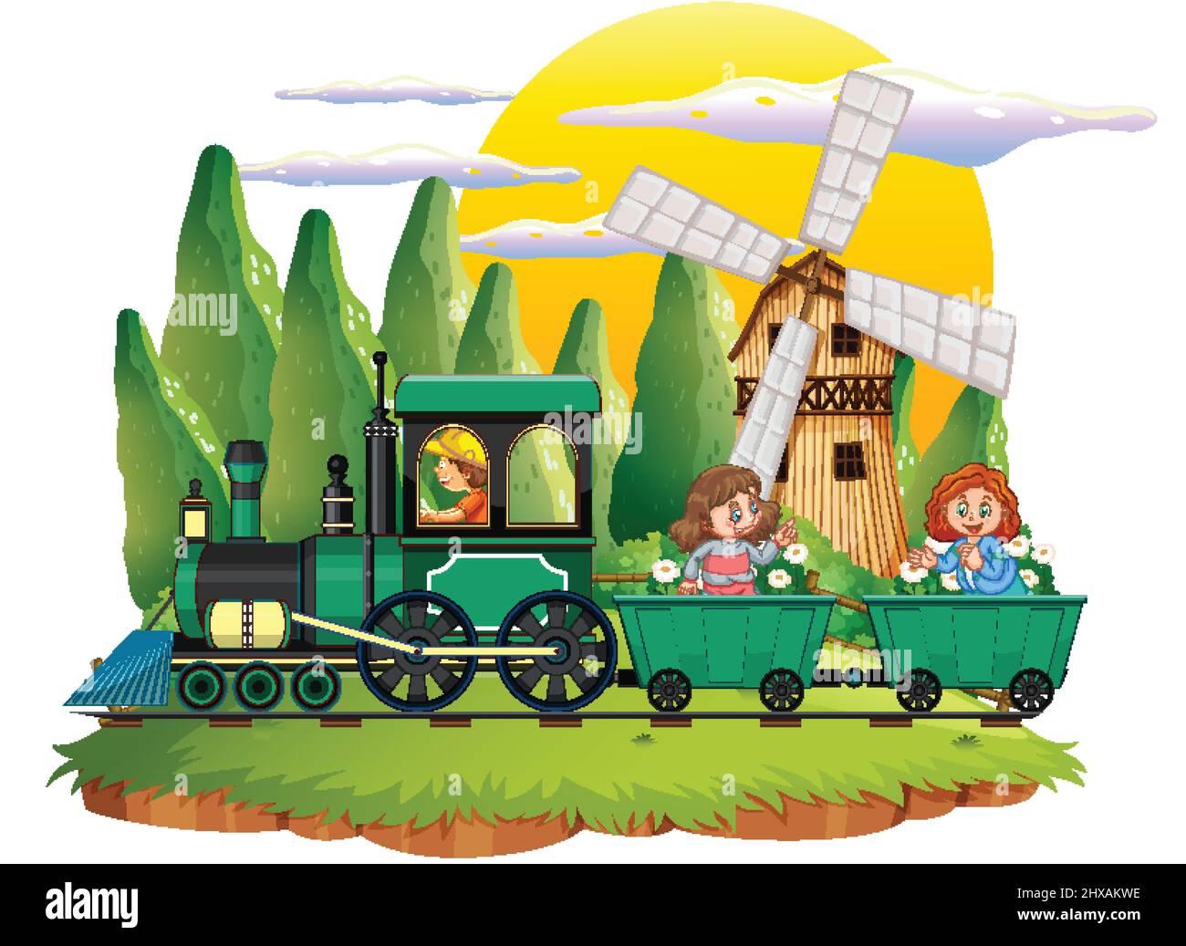 A kids in a train with natural scene farm scene illustration Stock ...