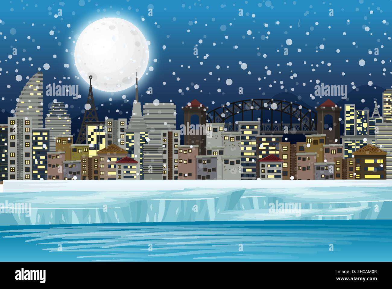 Snowy night in the city background illustration Stock Vector Image ...