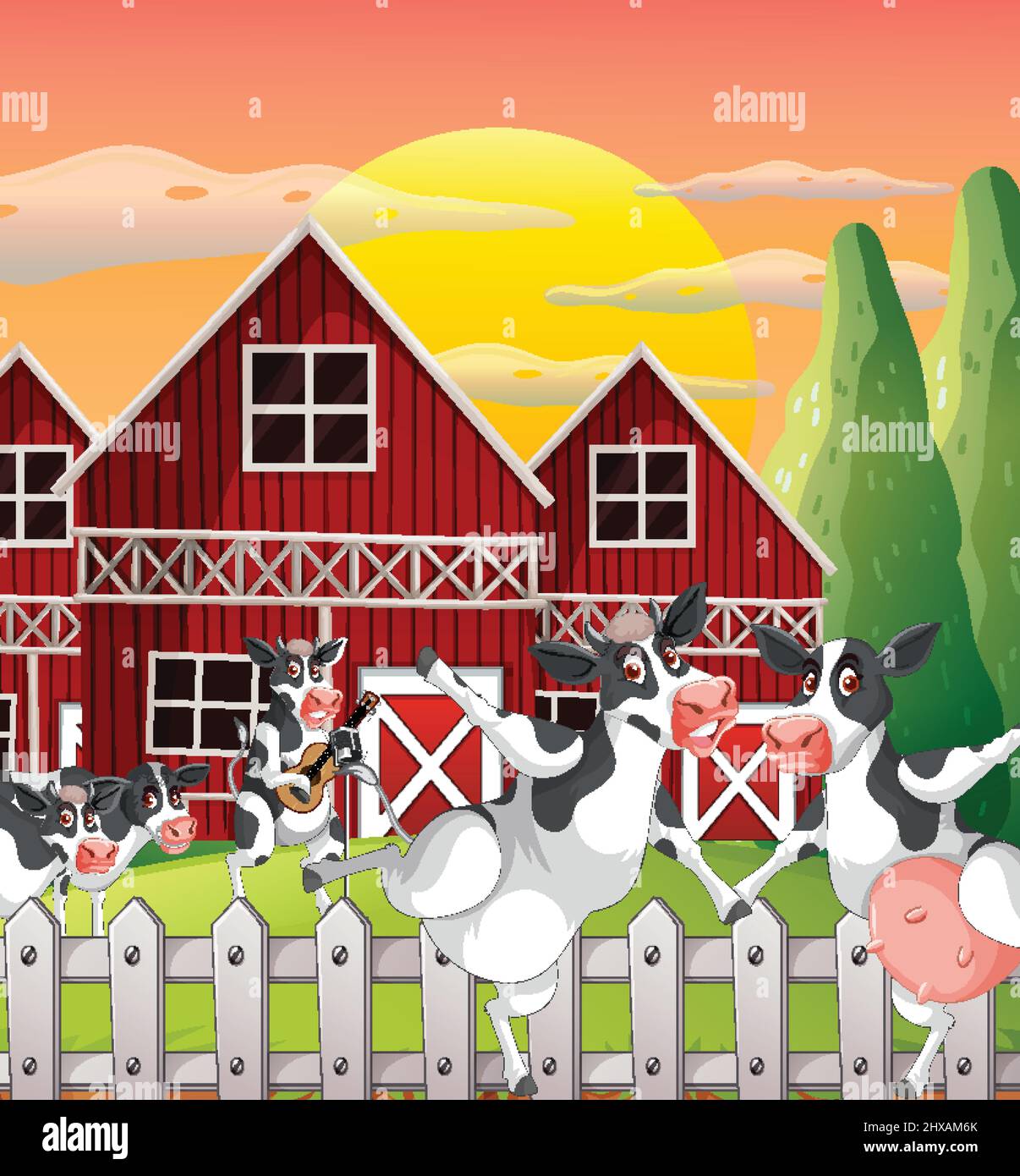 Outdoor cow farm scene with happy animals illustration Stock Vector ...