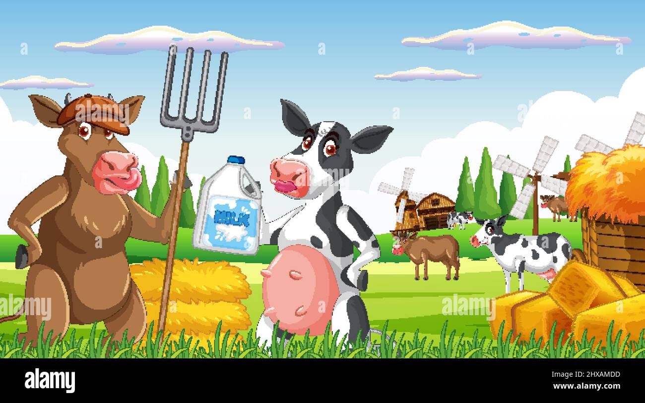 Outdoor cow farm scene with happy animals cartoon illustration Stock ...