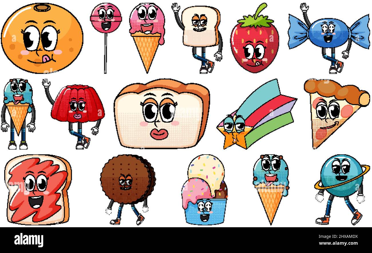 Set of facial expression with vintage style food cartoon on white ...