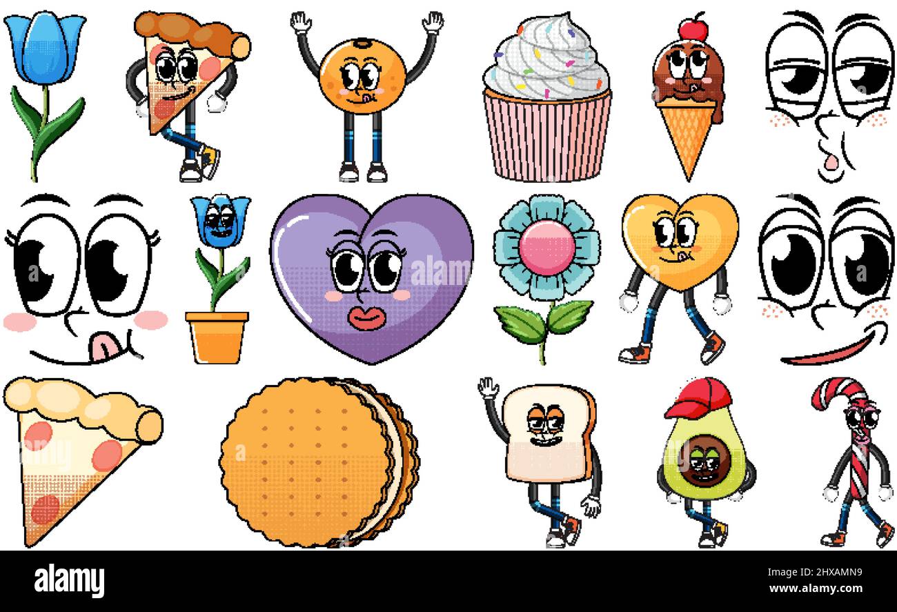 Set of facial expression with vintage style food cartoon on white ...