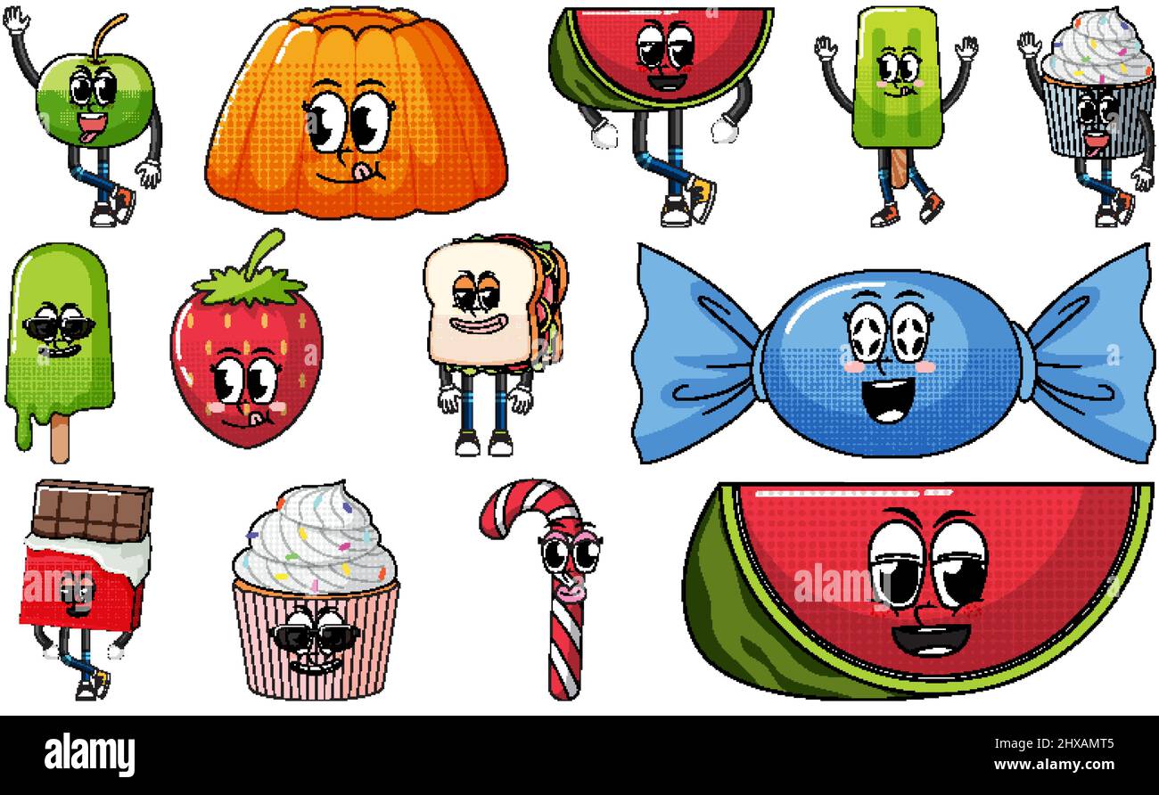 Set of facial expression with vintage style food cartoon on white ...