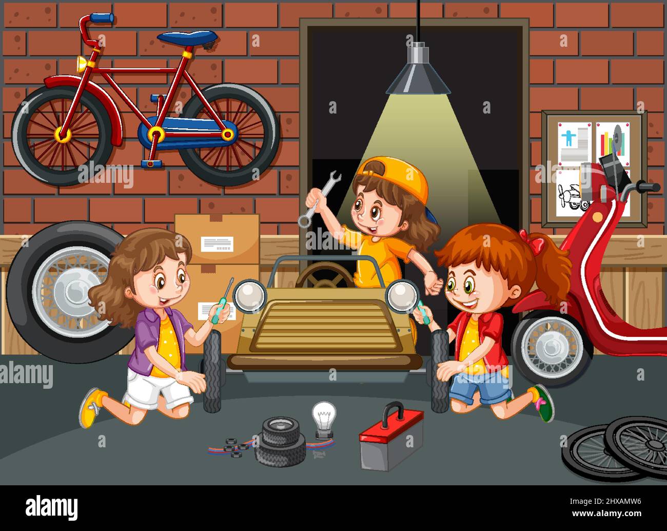 Children repairing a car together in the garage illustration Stock ...