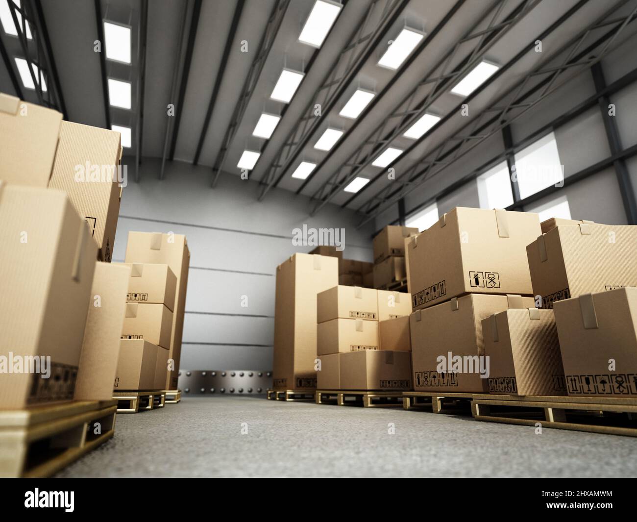Stack of cardboard boxes inside the warehouse. 3D illustration Stock ...
