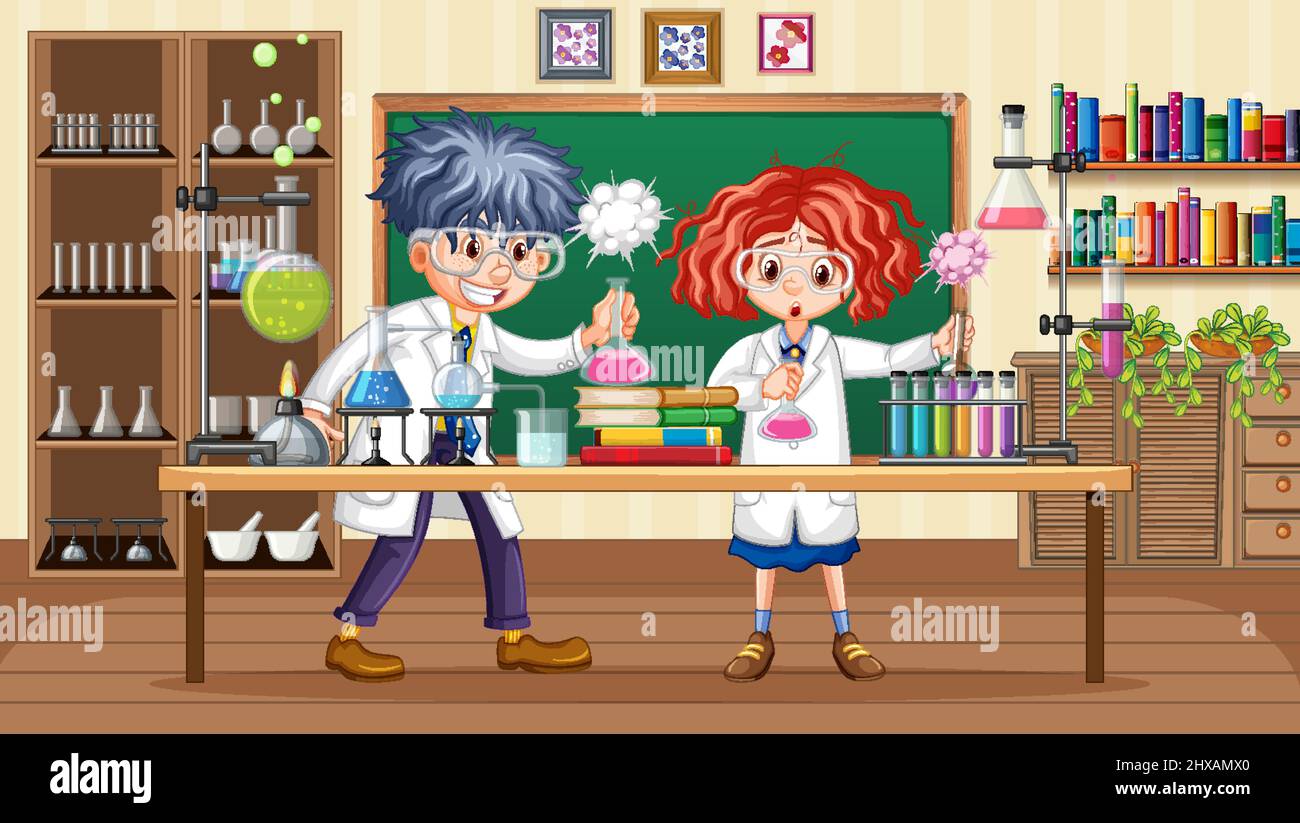 Laboratory scene with scientist cartoon character illustration Stock ...