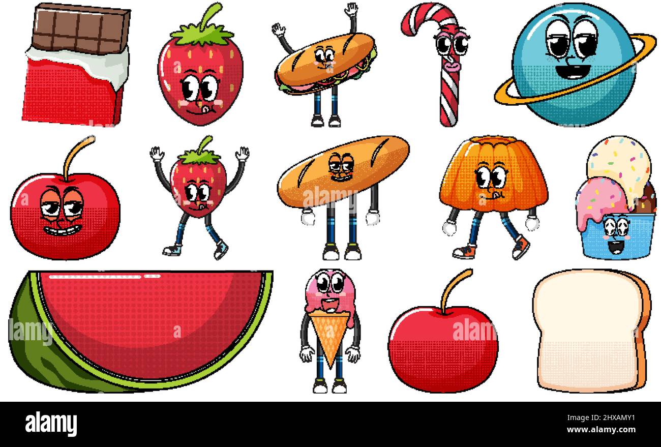 Set of facial expression with vintage style food cartoon on white ...