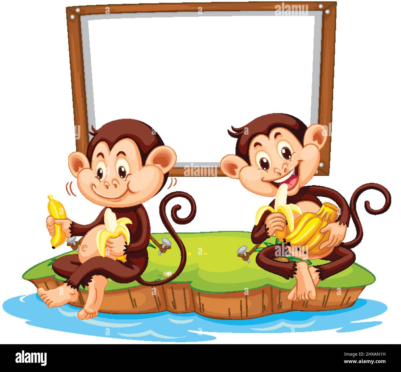 Monkeys eating banana with blank board on white background illustration ...