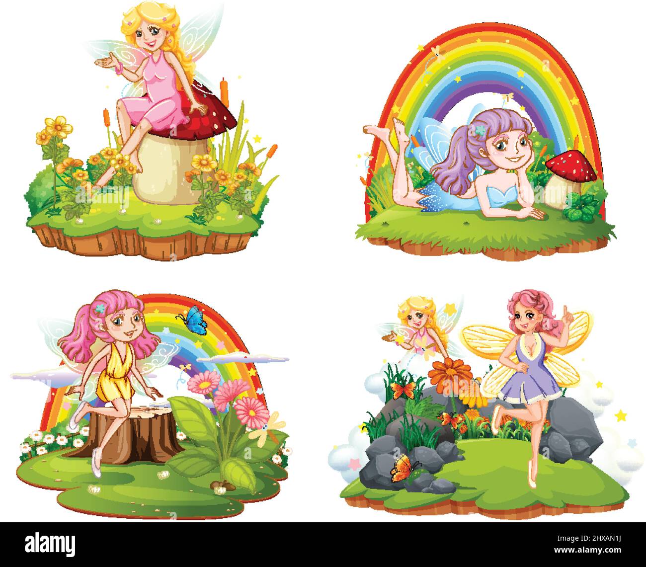 Set of isolated fantastic forests with beautiful fairies illustration ...