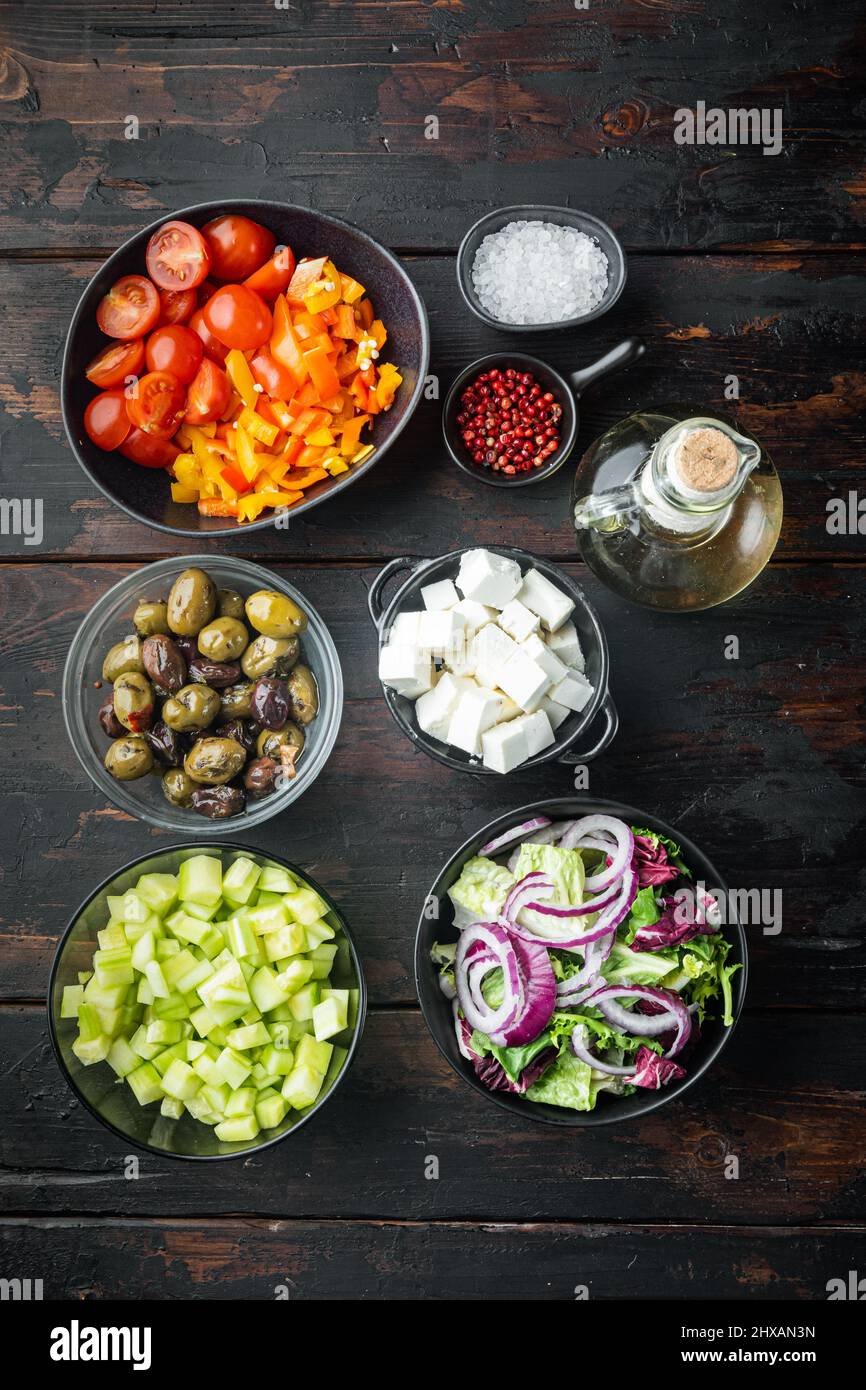 Ingredients, for greek salad, on old dark wooden table background, top ...