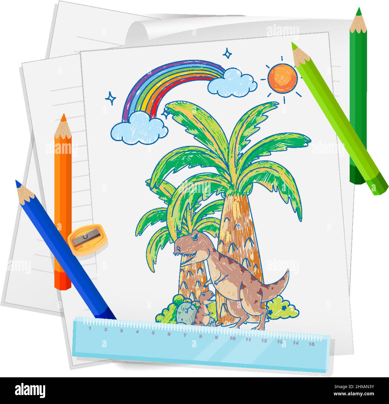 A paper with a doodle sketch design with color and colour pencils ...