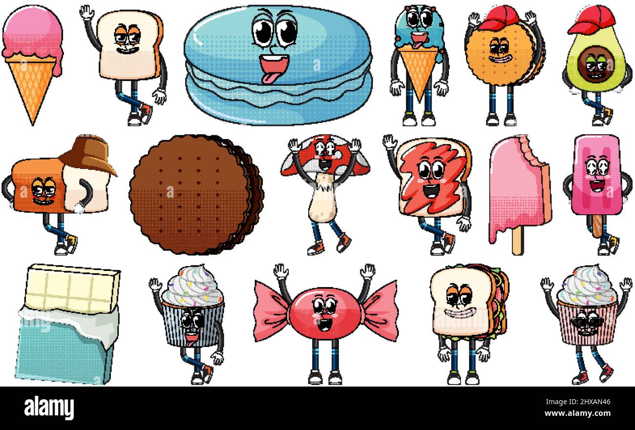 Set of facial expression with vintage style food cartoon on white ...