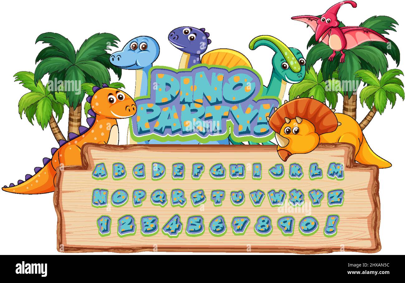 Font design for english alphabets in dinosaur character on wood board ...