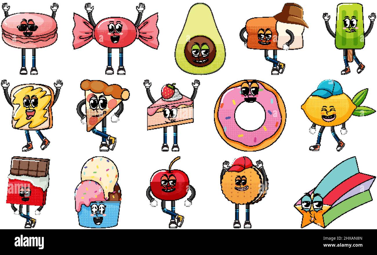 Set of facial expression with vintage style food cartoon on white ...