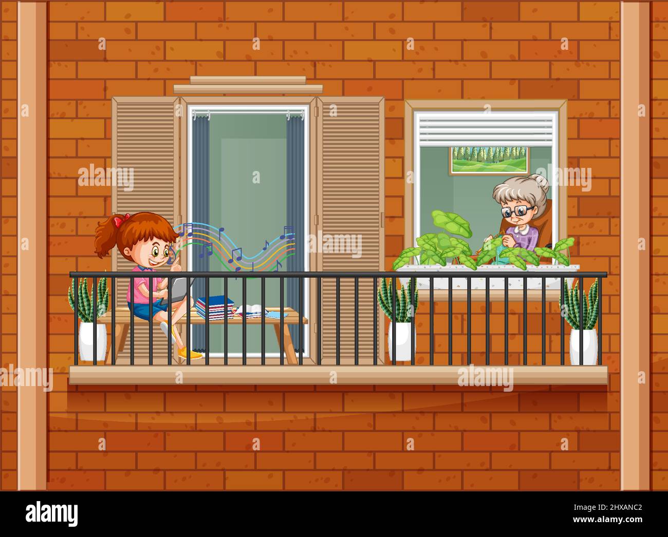 Apartment windows with neighbors cartoon character illustration Stock ...