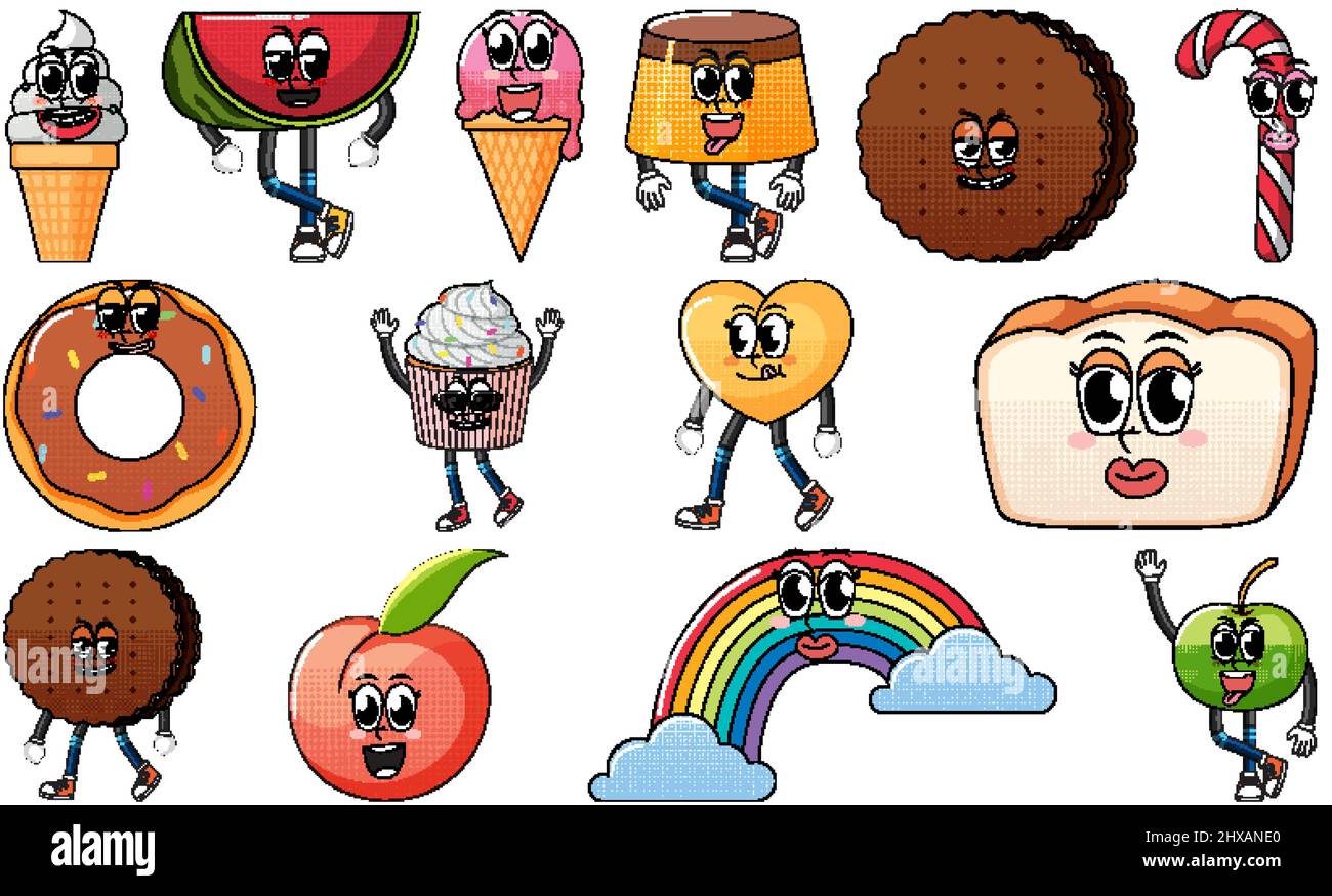 Set of facial expression with vintage style food cartoon on white ...