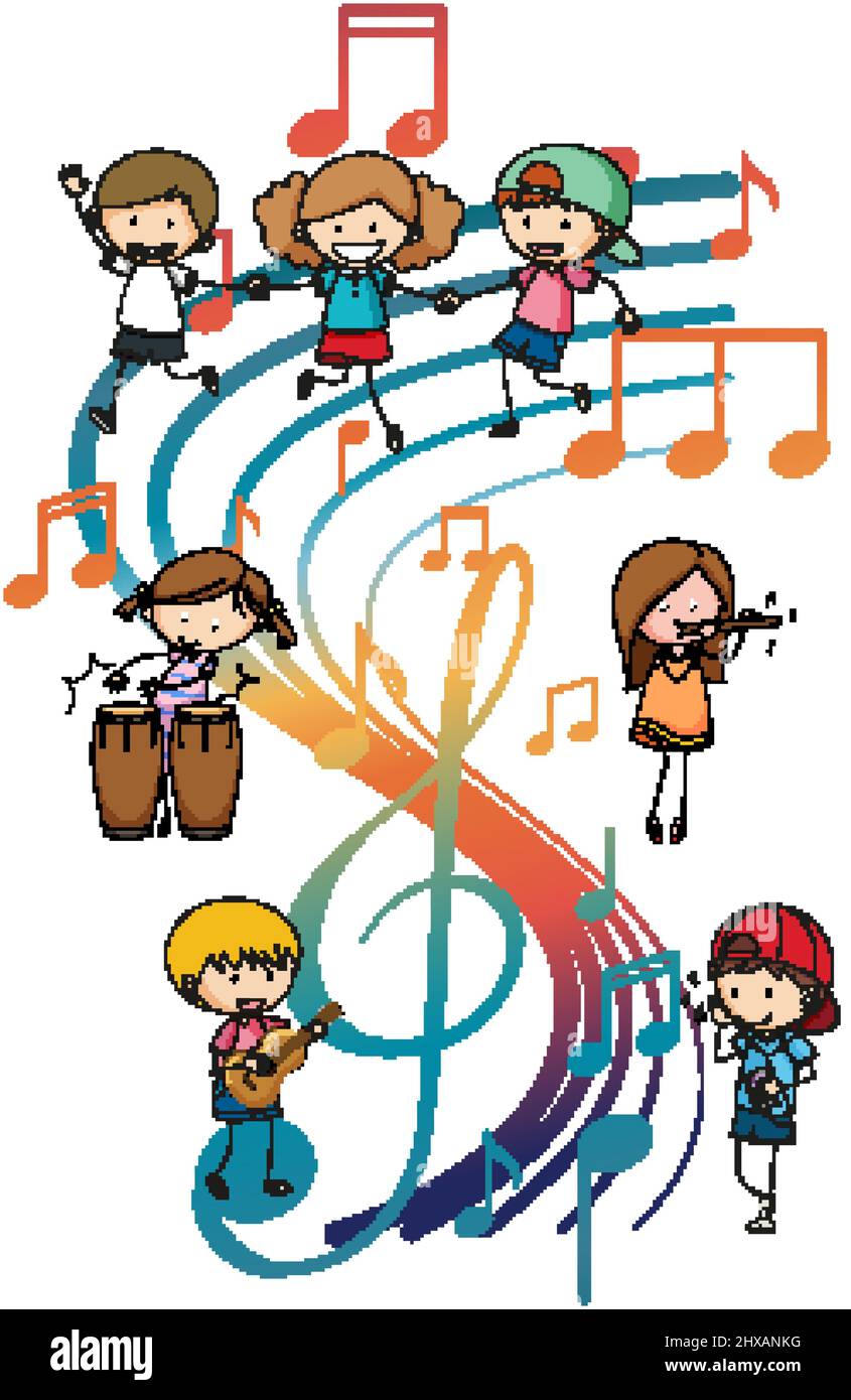 Happy children playing musical instruments with music notes on white ...