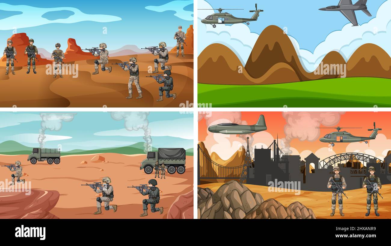 Set of different army war scenes illustration Stock Vector Image & Art ...