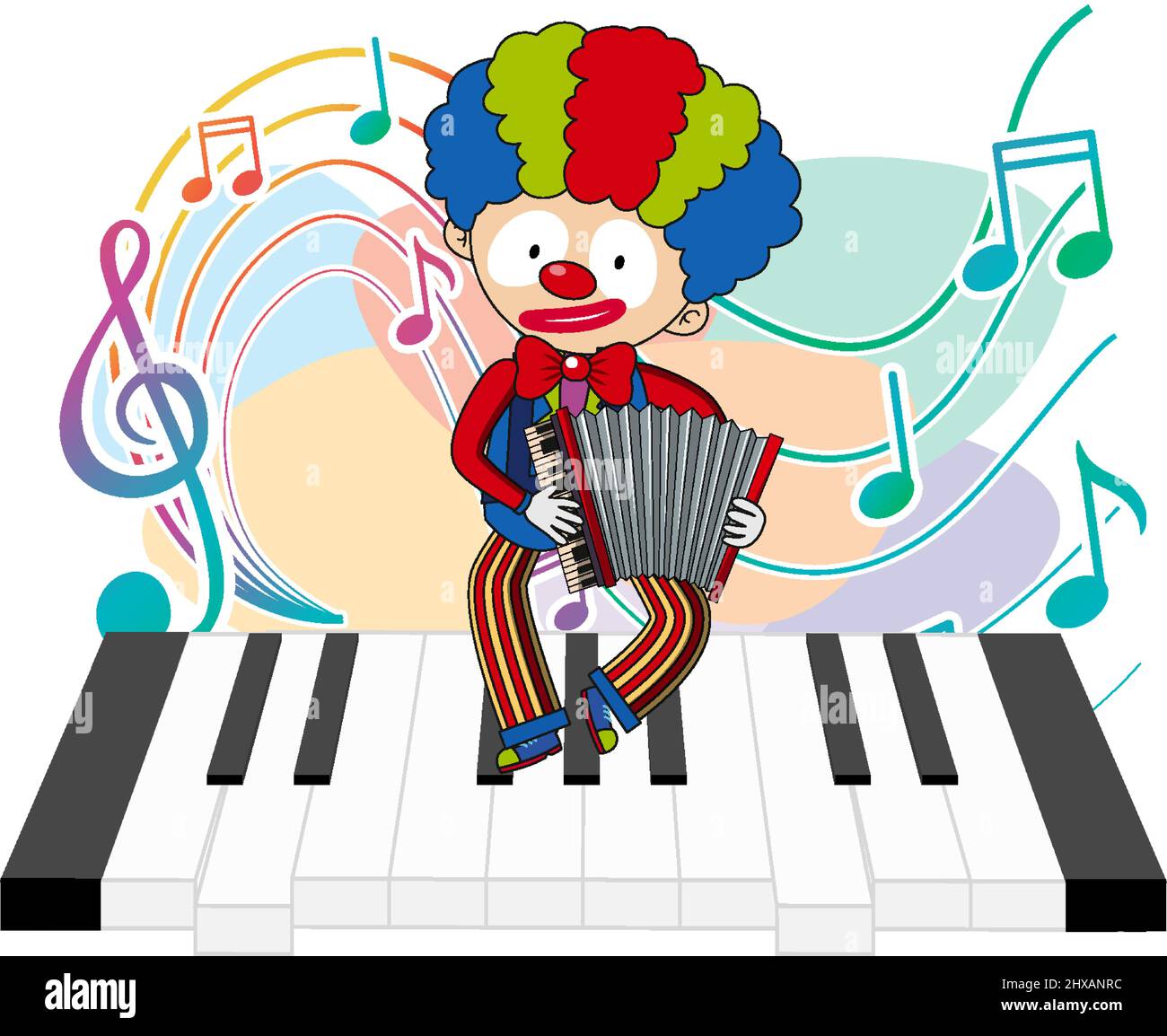 Cute clown playing accordion with music notes on piano illustration ...