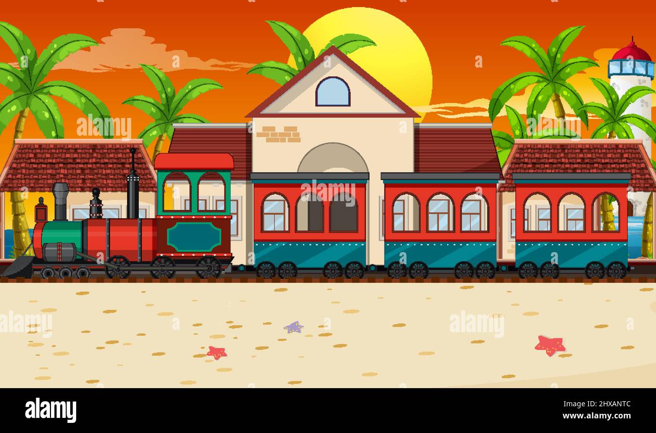 Train station scene with steam locomotive illustration Stock Vector ...