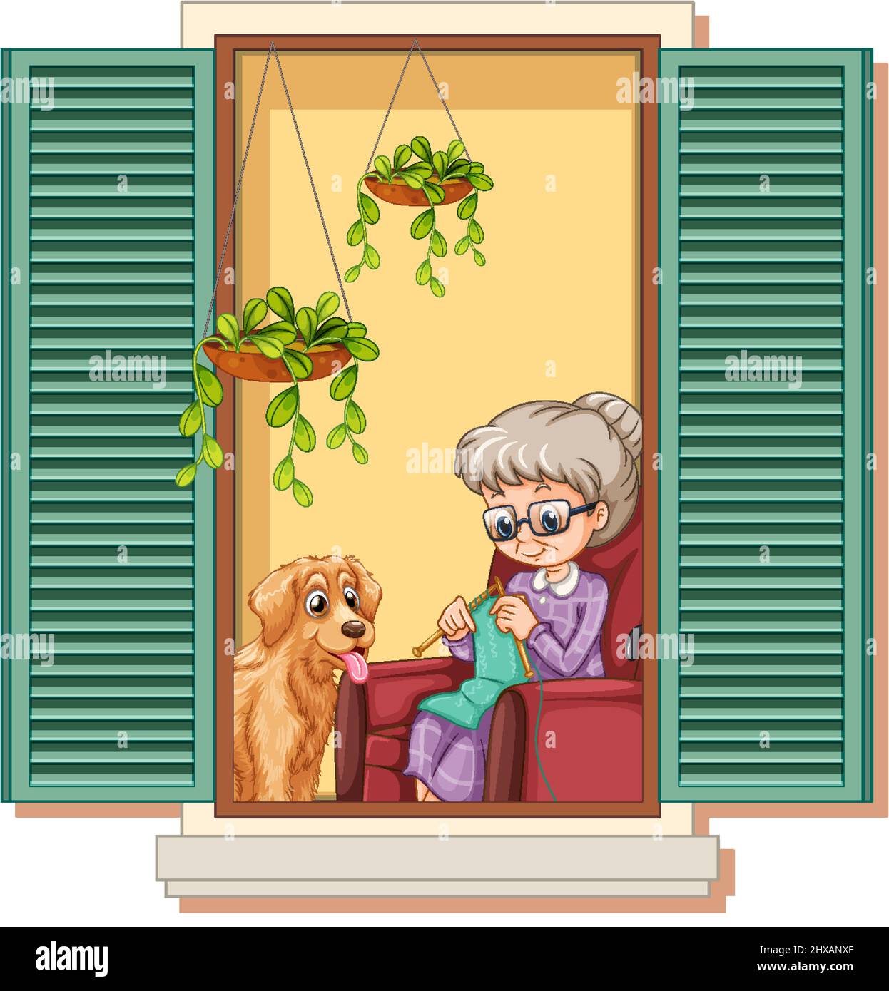 View through the window of granny knitting illustration Stock Vector ...