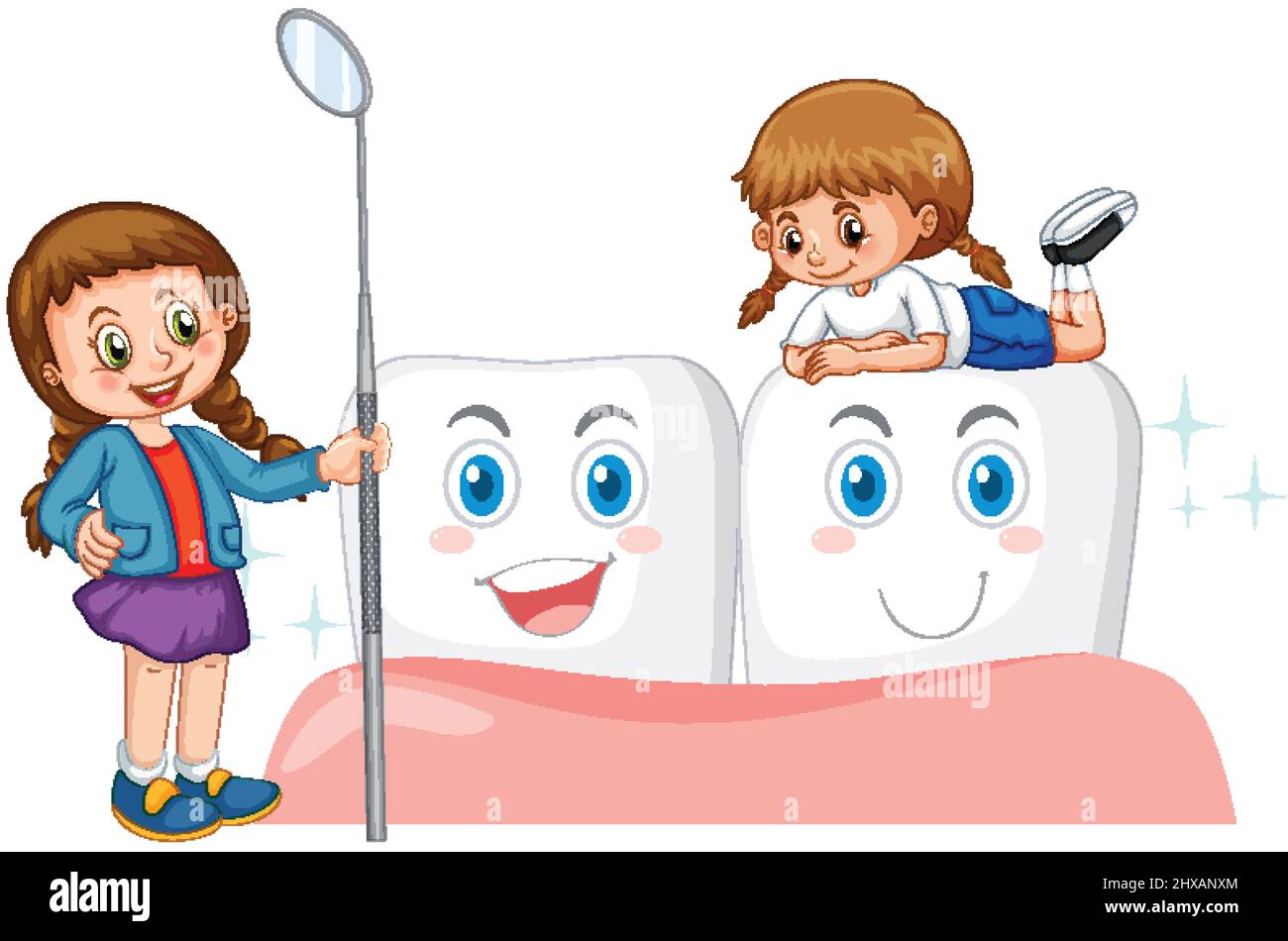 Children holding dental mirror with whiten teeth on white background ...