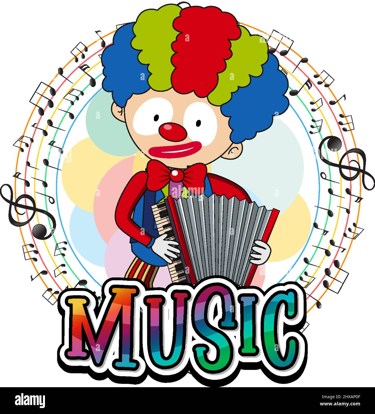 Clown playing accrodion with music notes on white background ...